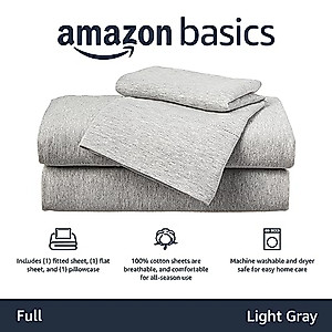Amazon Basics Cotton Jersey 4-Piece Bed Sheet Set, Full, Light Gray, Solid