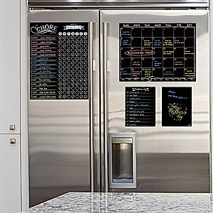 JJPRO Magnetic Chalkboard Monthly Calendar - Reward Chore Chart Blackboard combo set with Neon Bright Liquid Chalk Markers - Bonus Grocery List and Notepad Blackboard for Refrigerator Included