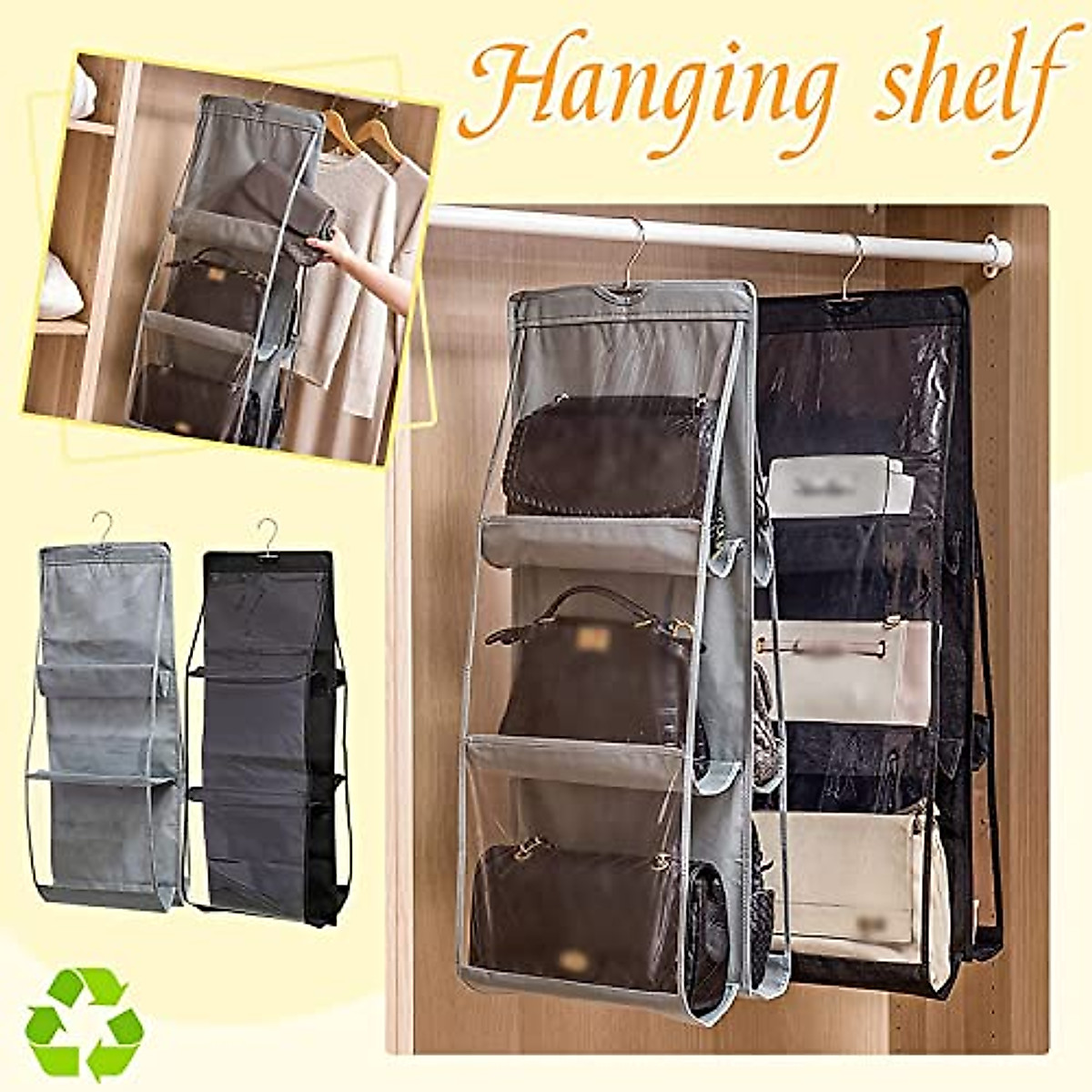 Double-Sided Six-Layer Hanging Storage Bag, High Capacity Transparent Collapsible 6 Pockets, Hanging Closet Storage Bag, Hanging Purse Handbag Organizer (Black)