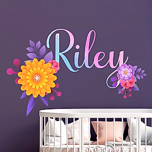 Personalized Name & Flowers Rainbow Wall Decals I Girl Room Decorations for Bedroom I Flower Decals for Walls I Baby Girl Nursery Decor I Rainbow Decor for Girls I Multiple Size Options