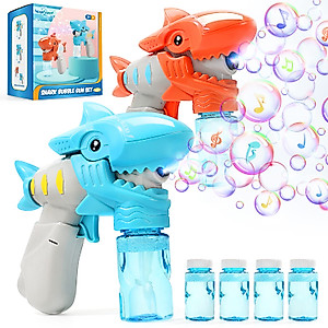 2 Bubble Gun for Kids,Light-Up and Musical Automatic Shark Bubble Blower Toys with 4 Bubble Solution,Fun Summer Outdoor Party Gift for 4 5 6 7 8+ Years Old Toddlers Boys Girls Bubble Maker Machine