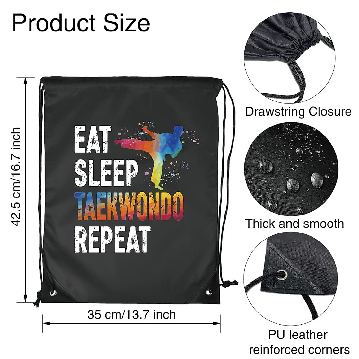 Pishovi Eat Sleep Taekwondo Repeat Drawstring Waterproof Backpack, Taekwondo Sports Bag for Man Women, Taekwondo Player Gifts, Gift for Taekwondo Lover