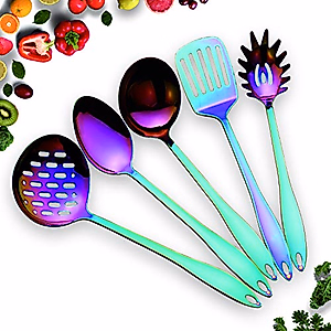 HOMQUEN Stainless Steel Kitchen Utensil Set - 5 Cooking Utensils, Rainbow Color Nonstick Kitchen Utensils Set, Colorful Titanium Plated Set Kitchen Tools Gadgets