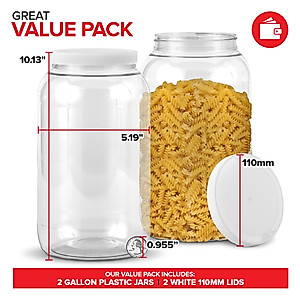Stock Your Home 1 Gallon Clear Plastic Jars with Lids (2 Pack) 128 oz Wide Mouth Large Jar with Lid, Big Container for Candy, Cookies, Arts & Crafts, Bartender Money Tips, Kitchen & Pantry Storage