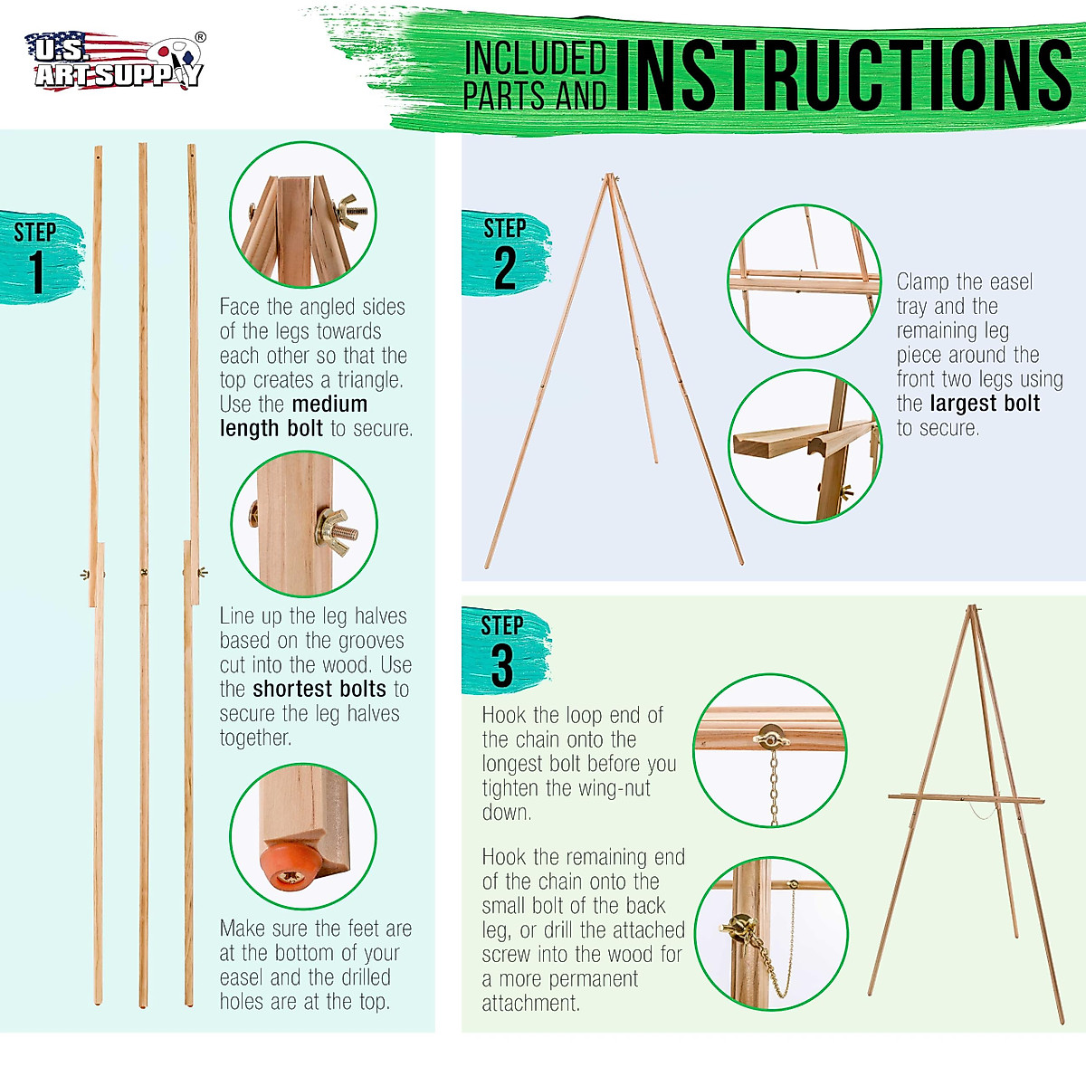 U.S. Art Supply 64" High Torrey Wooden A-Frame Tripod Studio Artist Floor Easel - Adjustable Tray Height, Holds 40" Canvas - Wood Display Holder Stand for Paintings, Drawings, Framed Photos, Signs