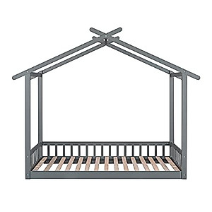 AOCOROE House Bed Frame Twin/King Bed Frame for Boys and Girls, Wood Extending Twin to King Extendable Playhouse-Design Montessori Floor Bed Platform Bed Frame with Trundle