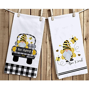 Set of 2 Buffalo Plaid Bee Gnome Kitchen Dish Towel 18 x 28 Inch, Seasonal Spring Summer Bee Happy Tea Towels Dish Cloth for Cooking Baking