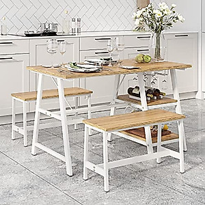 SogesGame Dining Table Set 3 Piece Kitchen Table Set Breakfast Table Set with Benches and Wine Rack Glass Holder 47.2 in Dining Room Table Set for 4 Oak