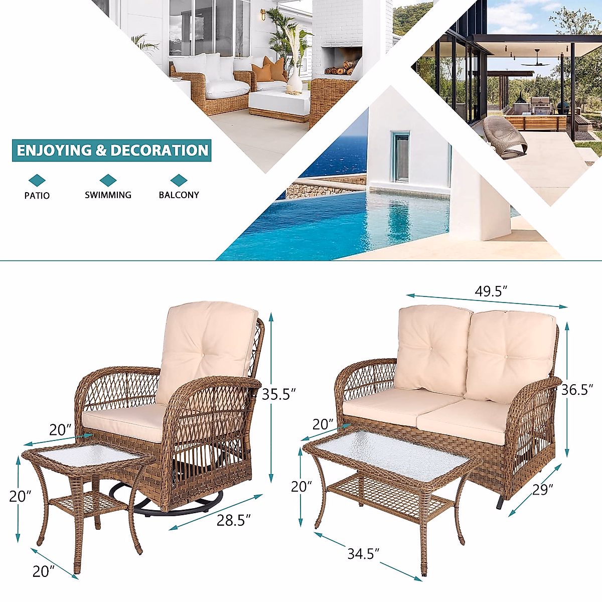 MEETWARM 5 Pieces Outdoor Patio Rattan Furniture Sets, All Weather Patio Wicker Conversation Set - 2 Rocking Swivel Chairs 1 Rattan Loveseat Glider with Cushions, 2 Glass-Top Coffee Table, Beige