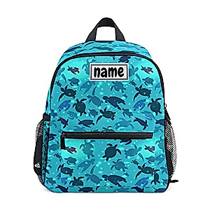 Glaphy Custom Kid's Name Backpack, Ocean Turtles Blue Toddler Backpack for Daycare Travel Personalized Name Preschool Bookbag for Boys Girls