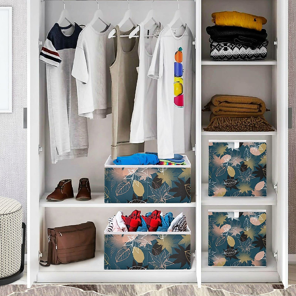 visesunny Closet Baskets Autumn Maple Leaf Storage Bins Fabric Baskets for Organizing Shelves Foldable Storage Cube Bins for Clothes, Toys, Baby Toiletry, Office Supply