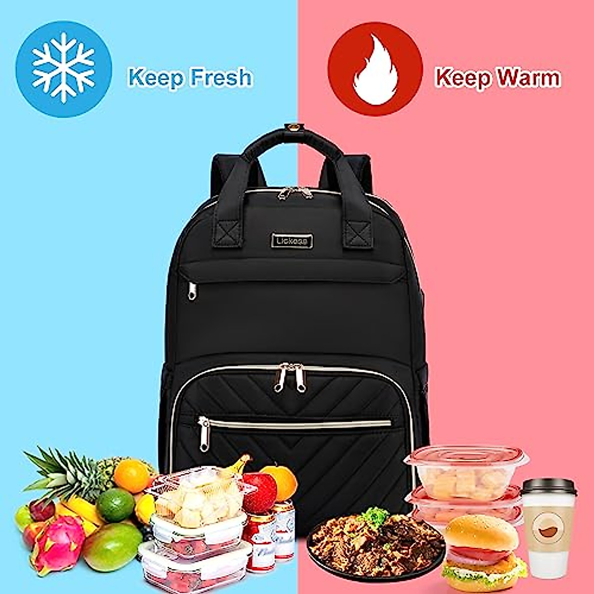 Lunch Backpack for Women, 15.6 inch Laptop Backpack with USB Port, Water Resistant Insulated Cooler Lunch Bag , Travel Work Laptop Bags with Lunch Box for College Work Pincic Camping Beaches, Black