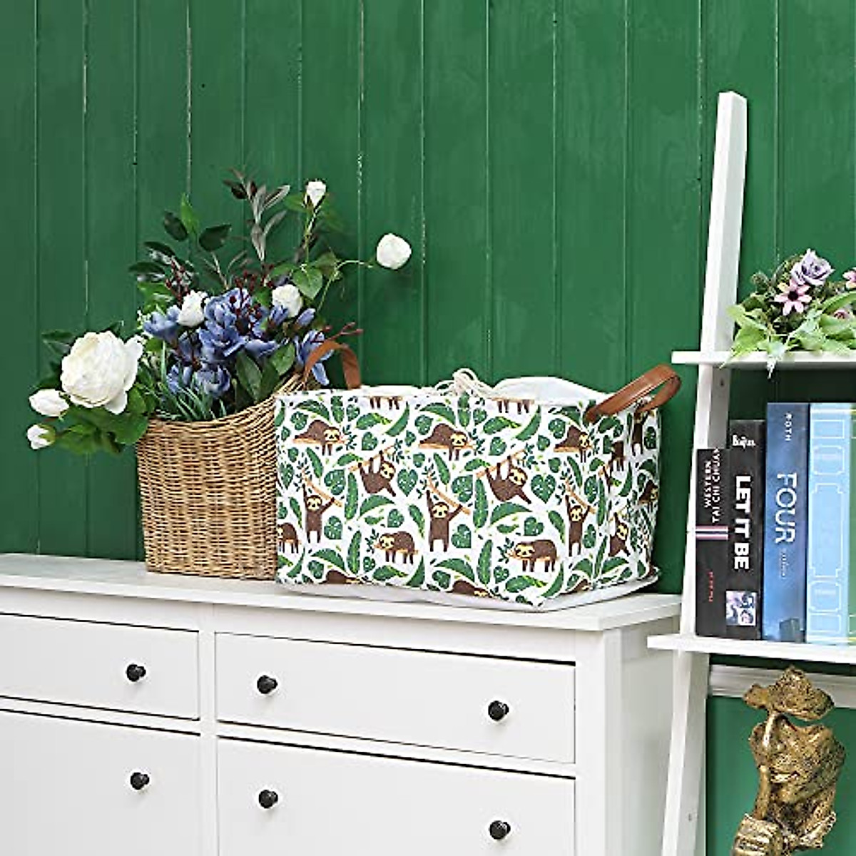 Sea Team Collapsible Canvas Fabric Storage Basket with Handles, Rectangle Nursery Storage Bin, Box, Cube, Foldable Shelf Basket, Closet Organizer, Waterproof, 16.5 x 11.8 x 9.8 Inches, Sloth