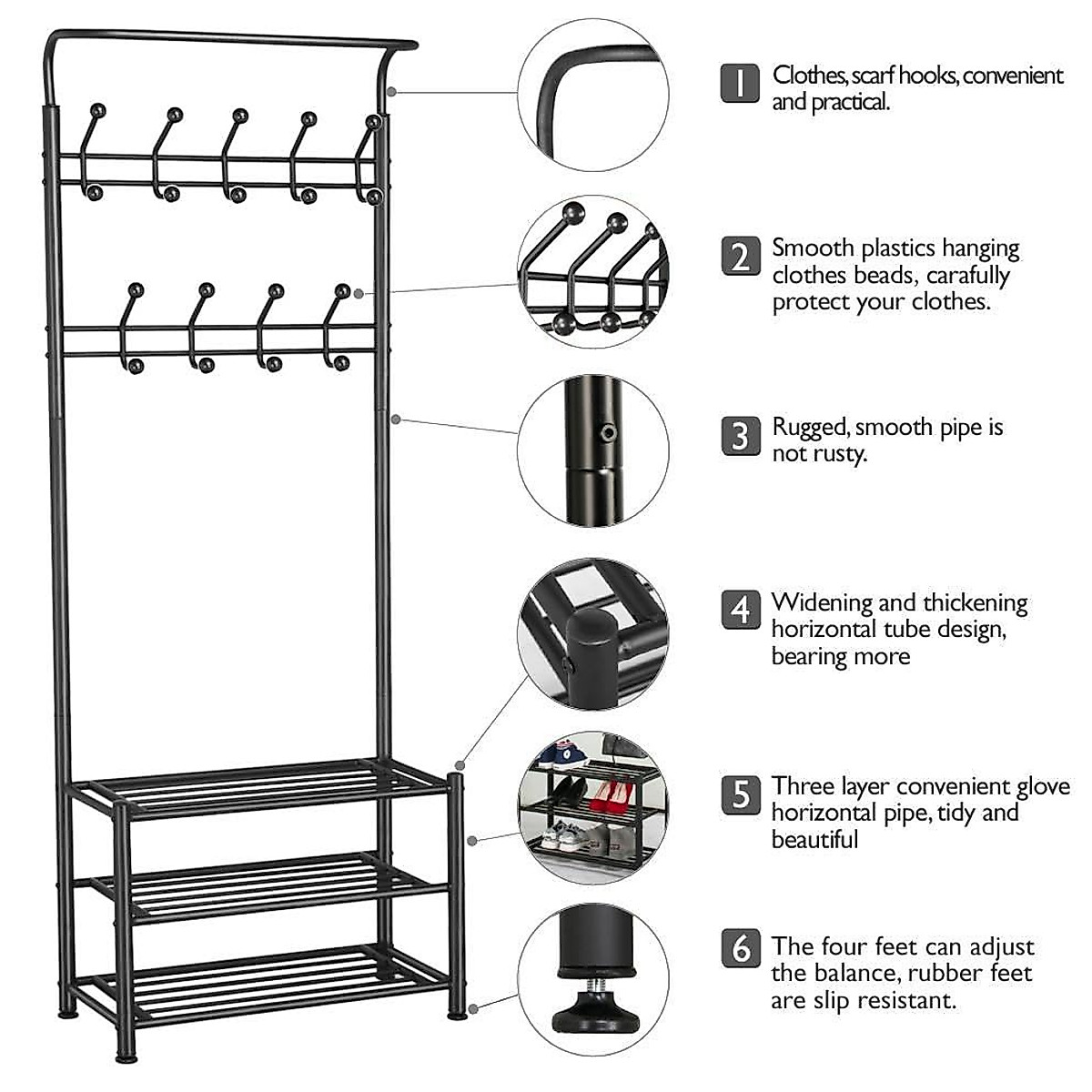 Yaheetech Metal Coat Rack Shoe Bench, 3-in-1 Hall Tree, Entryway Shoe Bench with Coat Hat Umbrella Rack 18 Hooks, Black