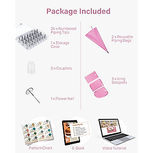 Kootek 32-Piece Piping Bags and Tips Set with 24 Icing Piping Tips, 2 Reusable Pastry Bags 12 Inch, Reusable Piping Icing Bags and Tips, Cake Decorating Kit for Frosting Cookie, Cupcake