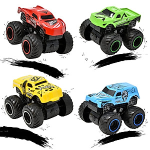 Number 1 In Service Monster Trucks for Boys Inertia Powered 4 Wheels Diecast Mini Vehicle Set Push and Go Small Toy Cars 4 Pack for Toddlers and Kids for Age 3 4 5 6 7 Years