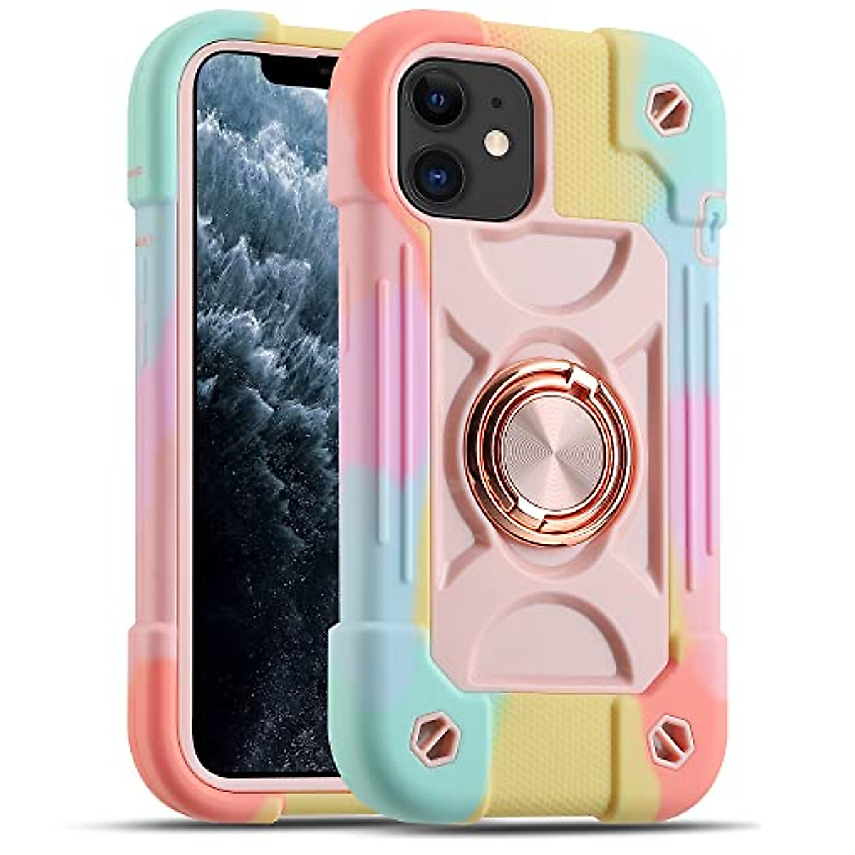 MARKILL Compatible with iPhone 11 Case 6.1 Inch with 360°Rotate Ring Stand, Military Grade Drop Protection Full Body Rugged Heavy Duty Case 3 in 1 Protective Cover (Rainbow Pink)