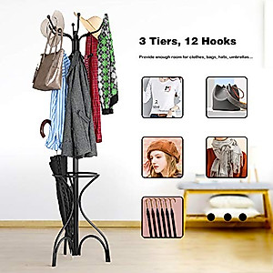 Tangkula Coat Rack Freestanding, 75 Inch Heavy Duty Metal Coat Hanger Stand with Umbrella Holder, Entryway Hat Jacket Hanger with 12 Hooks for Scarf Crutch Bag Coat, Standing Coat Tree Rack(Black 003)