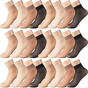 Geyoga 40 Pairs Women Sheer Nylon Socks Ankle High Sheer Socks Soft Silky Short Socks (Black, Light Beige, Dark Beige, Brown)