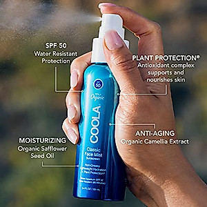COOLA Organic Sunscreen SPF 50 Sunblock Face Mist, Dermatologist Tested Skin Care for Daily Protection, Vegan and Gluten Free, Natural Fragrance, 3.4 Fl Oz