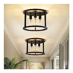 APOTO 3-Lights Semi Flush Mount Ceiling Light Fixture,Black Hallway Light Fixture,Industrial Light Fixture Ceiling Mount,Farmhouse Close to Ceiling Lamp for Entryway Kitchen,Bulb not Included, 2 Pack