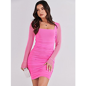 ANRABESS Women's Square Neck Mesh Ruched Bodycon Mini Dress Puff Long Sleeve Sexy Cocktail Party Short Dresses 2024 Medium Hot Pink