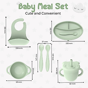 WANDA KIDZ Silicone Baby Feeding Set - Baby Led Weaning Supplies - 6PC Self Feeding Baby Utensils; Suction Plate, Bowl, Bib, Cup, Spoon, Fork - First Stage Baby Eating Essentials - 4+ Months - Blue