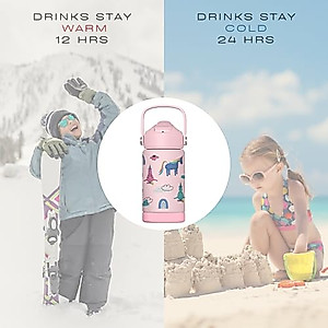 Hippypotamus Kids Water Bottle - Vacuum Insulated Stainless Steel Thermos Bottle With Straw Lid & Soft Spout For Toddlers & Kids - 12 oz (Pink Unicorn)