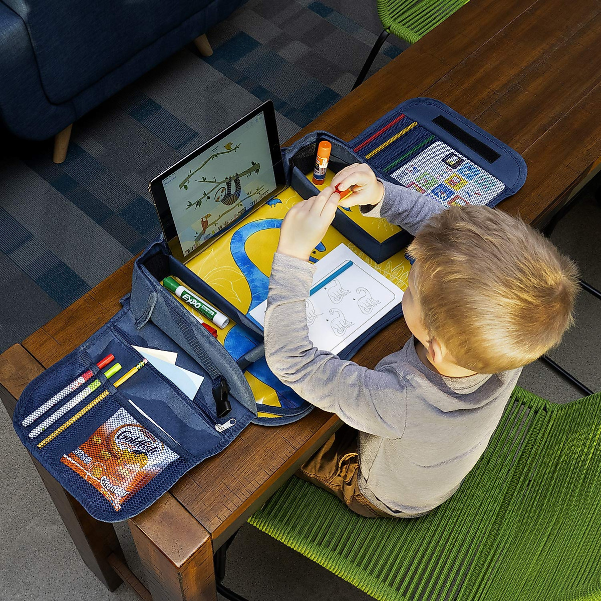 JumpOff Jo – Kids Car Seat Travel Tray, Kids Activity Tray, Activities for Travel, Cars, and Tables, Tablet Holder for Kids in The Car, 17" x 12” - Blue Dinosaurs