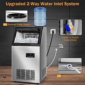 Commercial Ice Maker Machine, 140Lbs/24 with 2 Water Inlet Modes, 45Pcs Ice Cubes 8 Mins, 15" Stainless Steel Under Counter/Freestanding Ice Machine with 35Lbs Storage Bin for Home/Shop/Office/Bar