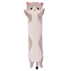 Cute SEENEEY Cat Pillow: Soft 50cm Cartoon Stuffed Animal Toy for Kids & Girls (Long Grey Cat)