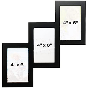 EXCELLO GLOBAL PRODUCTS Diagonal Collage Frame Holds Three 4x6 Photos: Ready to Hang Modern, Barnwood, Farmhouse, Beach House Wood Picture Frame (Black)