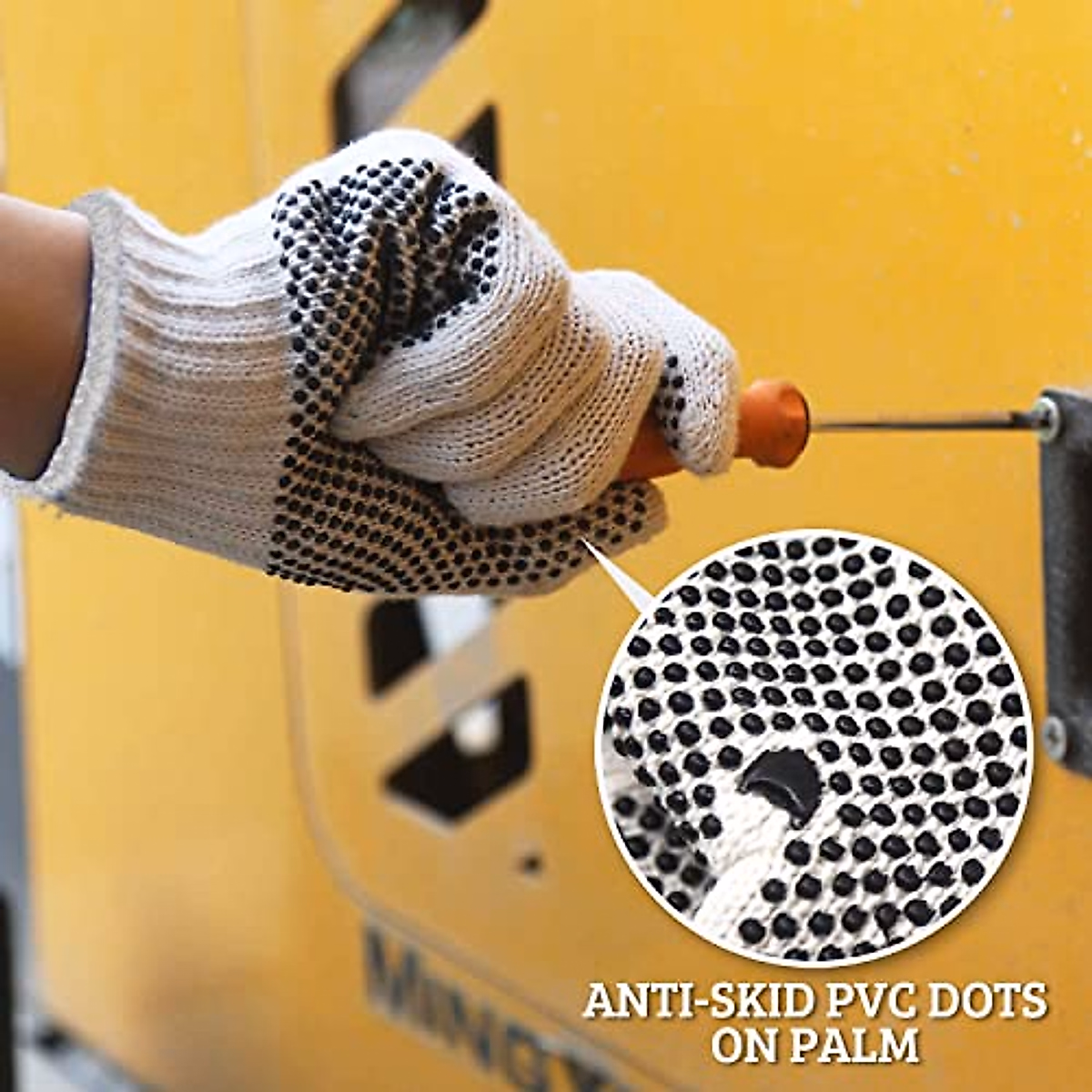 Evridwear Cotton Polyester String Knit Shell Safety Protection Work Gloves for Painter Mechanic Industrial Warehouse Gardening Construction Men & Women 12 Pairs, With one Side Dots, L Size