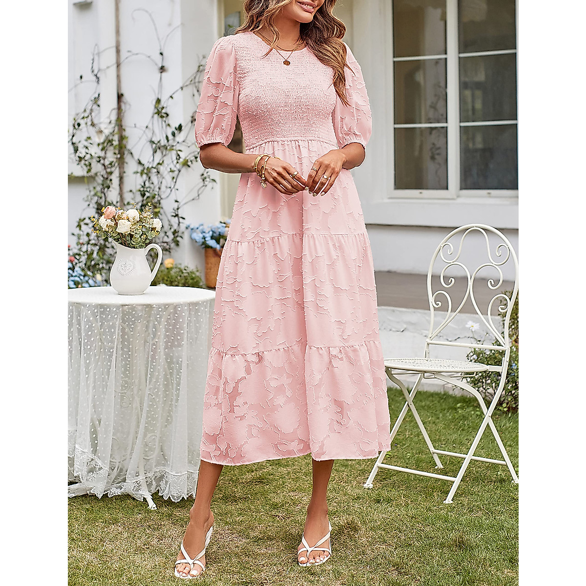 MEROKEETY Summer Dress for Women Elegant Smocked Short Puff Sleeve Floral Solid Midi Maxi Dresses,Pink,L