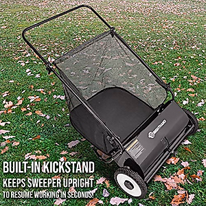 Right Hand 26-Inch Push Lawn Sweeper, Strong Rubber Wheels & Heavy Duty Durable Steel Structure Sweeps Leaf Grass & More, 7ft Mesh Collection Bag, 4 Spinning Brushes