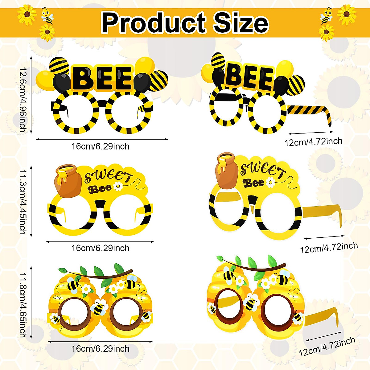 Threan 32 Pieces Bee Party Supplies Bulk Bee Glasses Honeycomb Sunflower Paper Eyeglasses for Summer Bee Flower Birthday Party Baby Shower Costume Photo Booth Props Decorations Supplies