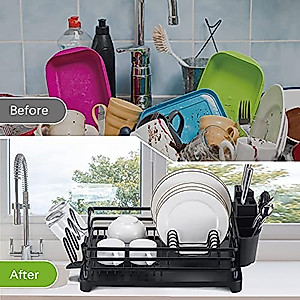 RTTRAO Luling Aluminum Dish Drying Rack, Rustproof Sink Dish Rack and Drainboard Set, Dish Drainer with Adjustable Swivel Spout, Removable Utensil Holder and Drainboard - Black