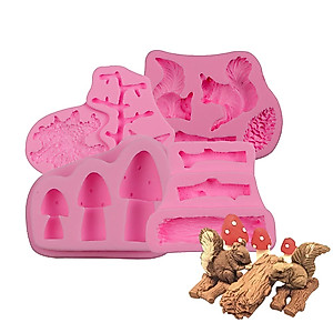 ZQWE 4pcs Forest Squirrel Stump Mushroom Pine Cone Cake Mold DIY Fondant Chocolate Bread Baking Pan Ice Cube Coffee 3D Molds, Pink