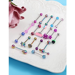 Ylqjksk Tongue Rings Surgical Steel 14G Tongue Piercing Jewelry Plastic Tongue Rings for Women Men Clear CZ Acrylic Skull Ghost Pill Glow Dark Flower T Shape Glitter Tongue Ring Rainbow 5/8inch 16MM