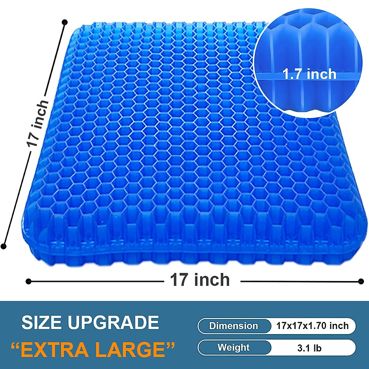 Gel Seat Cushion, Large Cooling Gel Cushion Breathable Honeycomb Chair Pads Gel Cushion with Non-Slip Cover for Home Office Chair Car Seat Wheelchair Absorbs Body Pressure Points, As Seen on TV