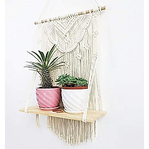 BLUETTEK Macrame Wall Hanging Shelf, Wood Hanging Shelf Organizer Hanger, Handmade Cotton Rope Bohomia Woven Home Wall Decor (Flower)