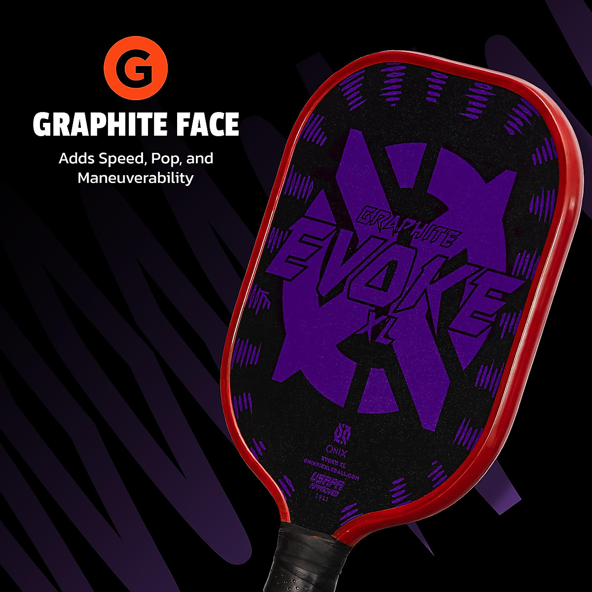 Onix Graphite Evoke XL Pickleball Paddle Features Polypropylene Core, Graphite Face, and Oversized Shape, Purple