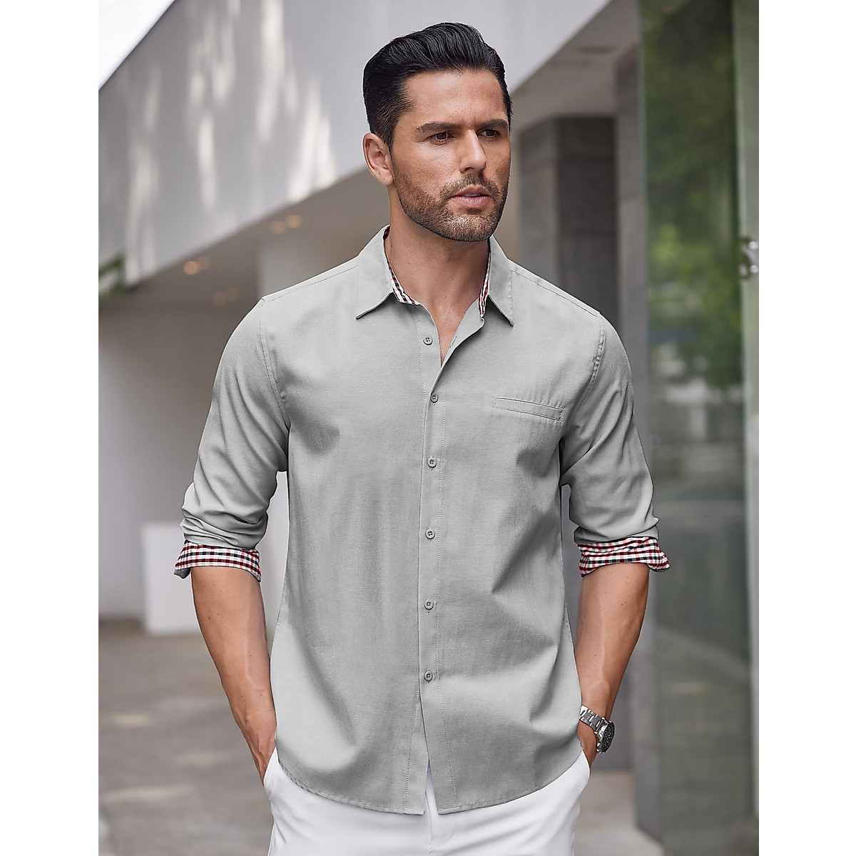 COOFANDY Men's Casual Oxford Shirts Long Sleeve Linen Button Down Shirt Business Dress Shirt Light Grey