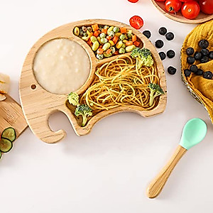 Mamimami Home Bamboo Baby Plate - Silicone Suction - Toddler Food Plate with Fork and Spoon - Baby Led Weaning Plate Feeding Utensils Set, BPA Free （Green Elephant）