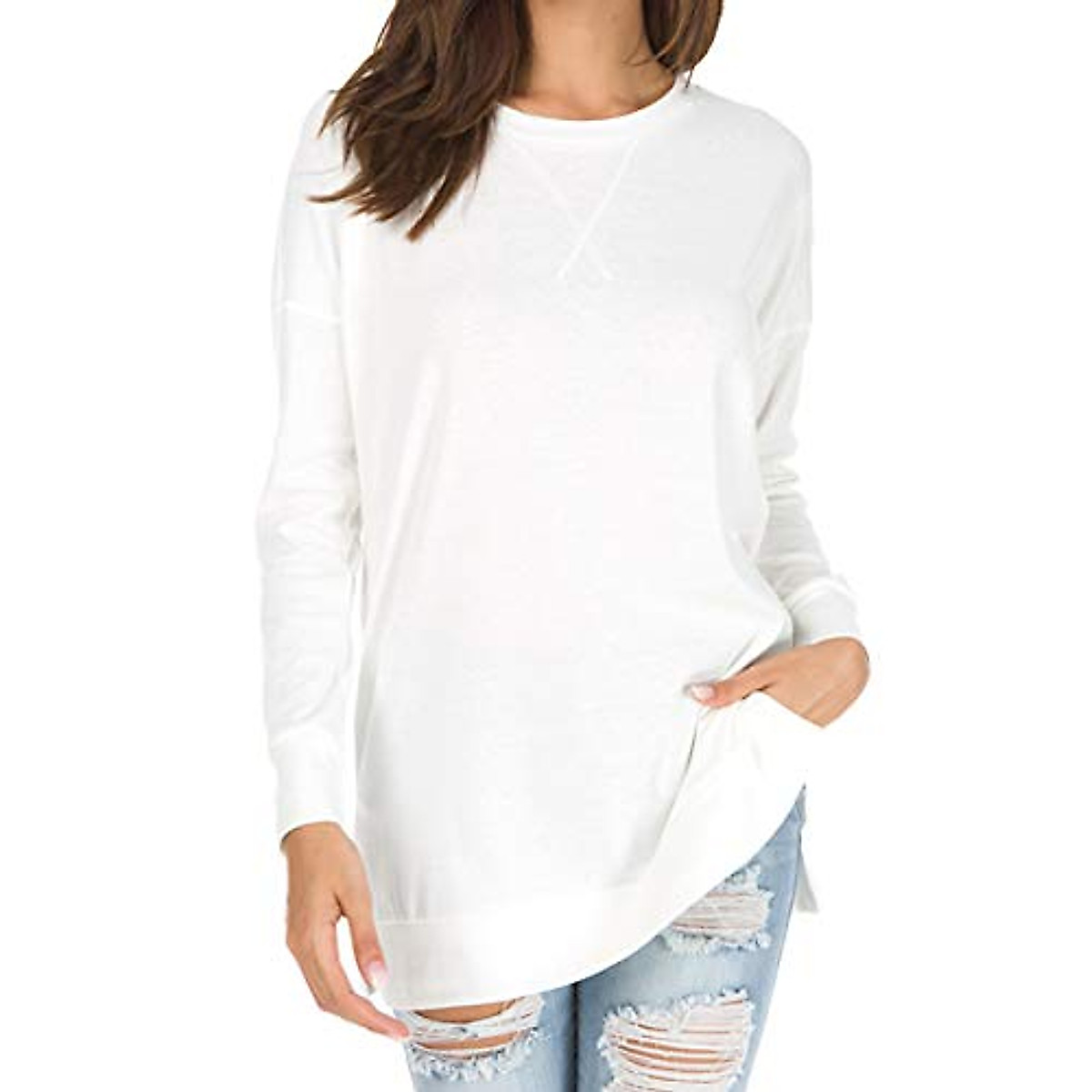 levaca Womens Fall Long Sleeve Sweatshirt Side Split Loose Casual Tunic Tops White L