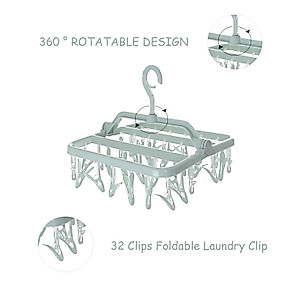 OIPKKUI Clothes Drying Racks, Foldable Laundry Drying Hanging Rack with 32 Clips Foldable Laundry Clip Hanger Underwear Hangers for Socks Towels Bras (Light Green)