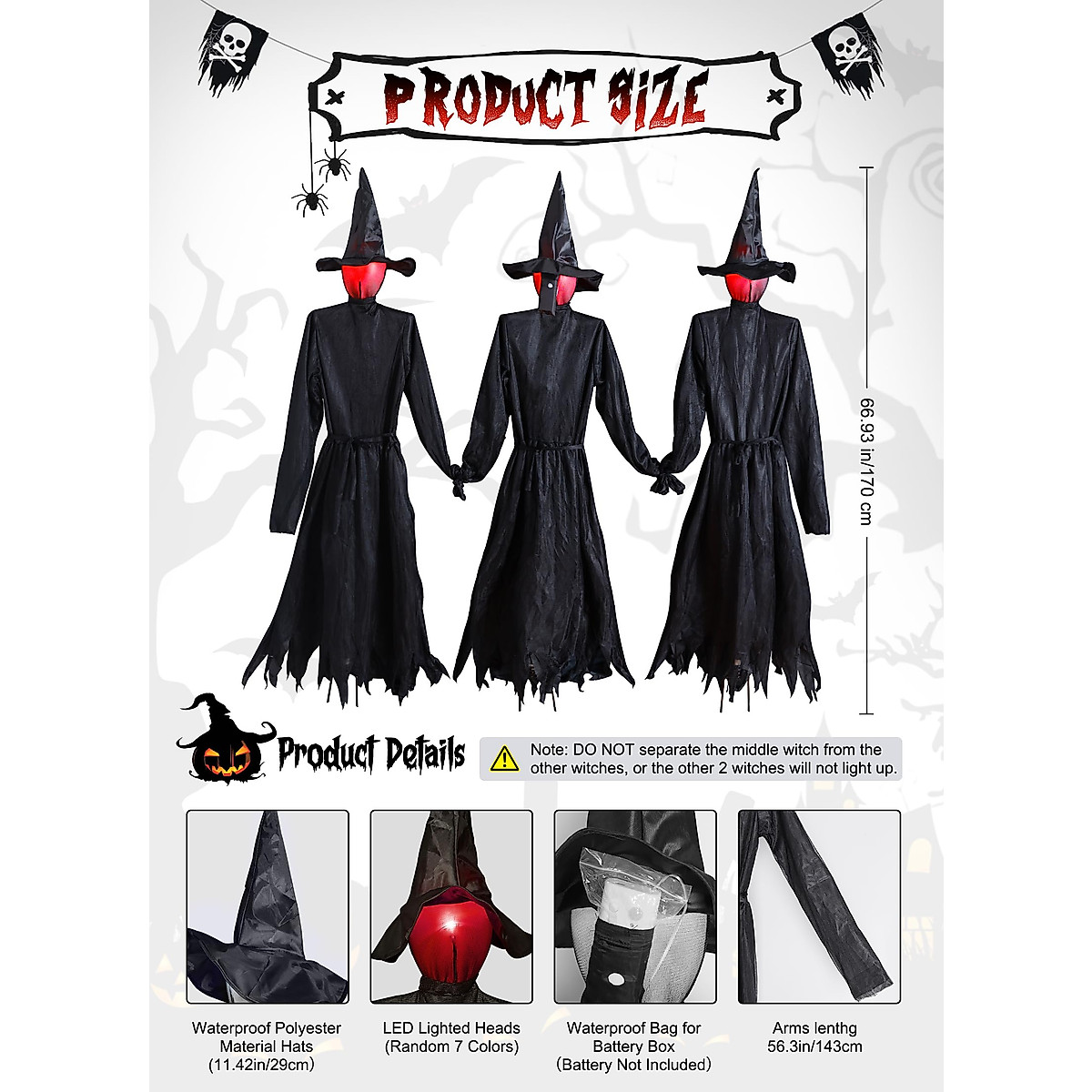 Halloween Decorations Outdoor 3PCS Light Up Witches Holding Hands Witches with Stakes, Scary Screaming Witches with Glowing Face, Creepy Halloween Party Props Decor for Yard Garden Outside Lawn Porch