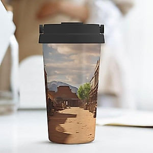 GTKSYNVE Reusable Coffee Mug with Lid and Handle, Old Wild West Cowboy Town Tumbler for Hot & Cold Drinks 16oz Stainless Steel Insulated Coffee Tumblers Double Wall Vacuum Thermal Cup