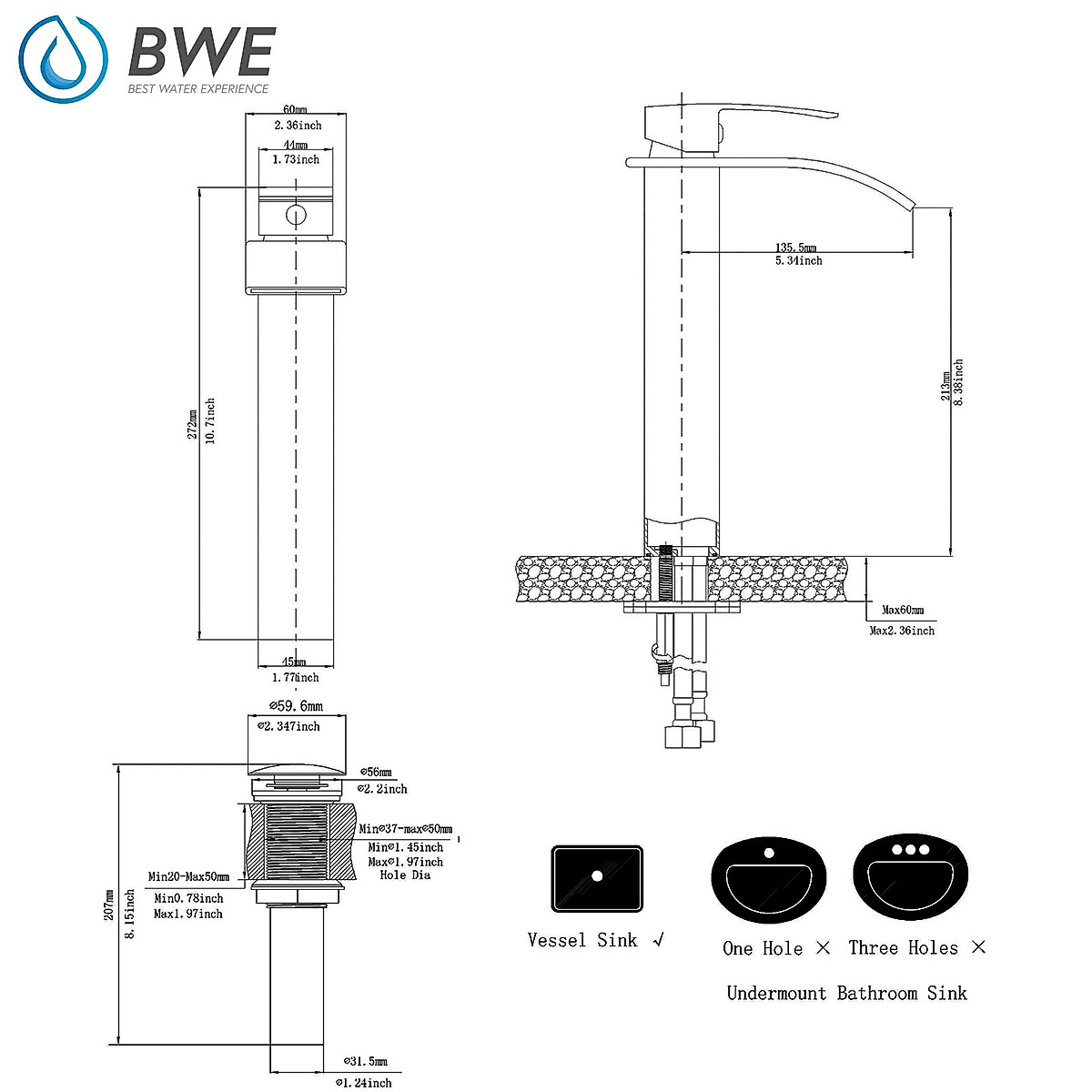 BWE Vessel Sink Faucet Modern Waterfall Brushed Nickel Single Hole Bathroom Faucet Single Handle with Pop up Drain Without Overflow Assembly Vanity Basin Bath Sink Faucets Mixer Tap Lead-Free
