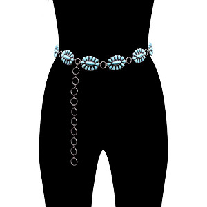 Wonderent Western Turquoise flower Concho Chain Belt No.2 (Turquoise)